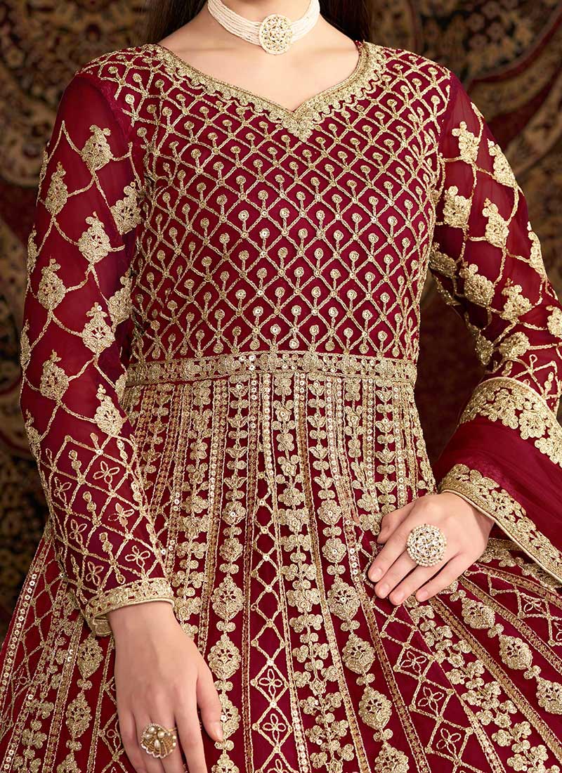 Shop Alluring Maroon Net Gota Embroidered Sequins A Line Anarkali Suit ...