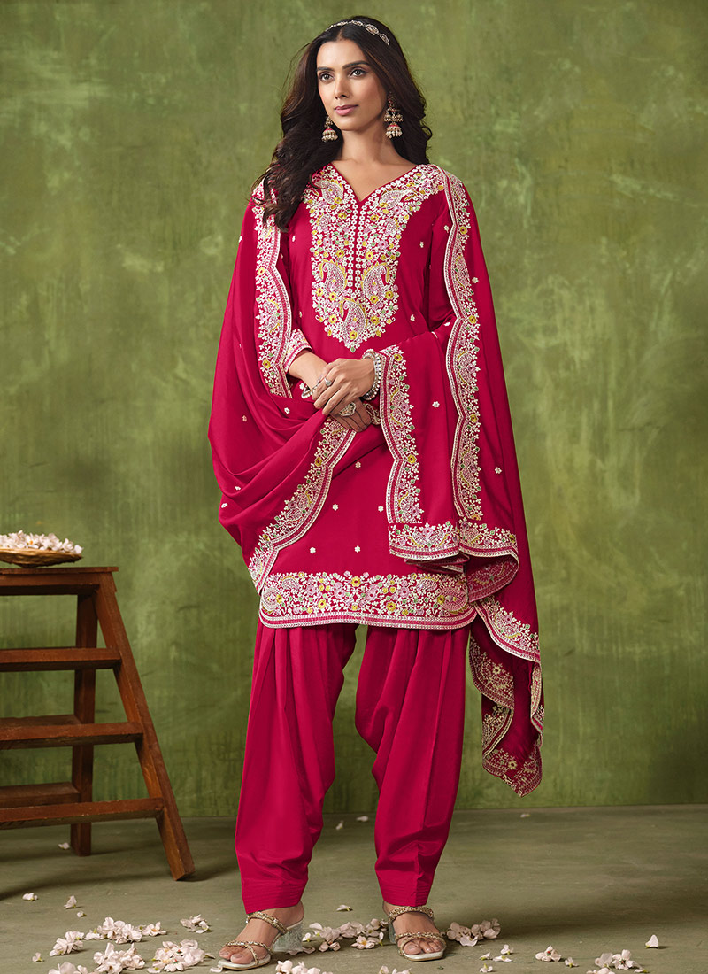 Buy Alluring Pink Roman Silk Embroidered Salwar Suit With Dupatta ...