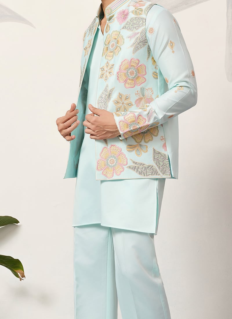 Buy Alluring Pista Green Satin Silk Embroidered Sequins Thread Bandi ...