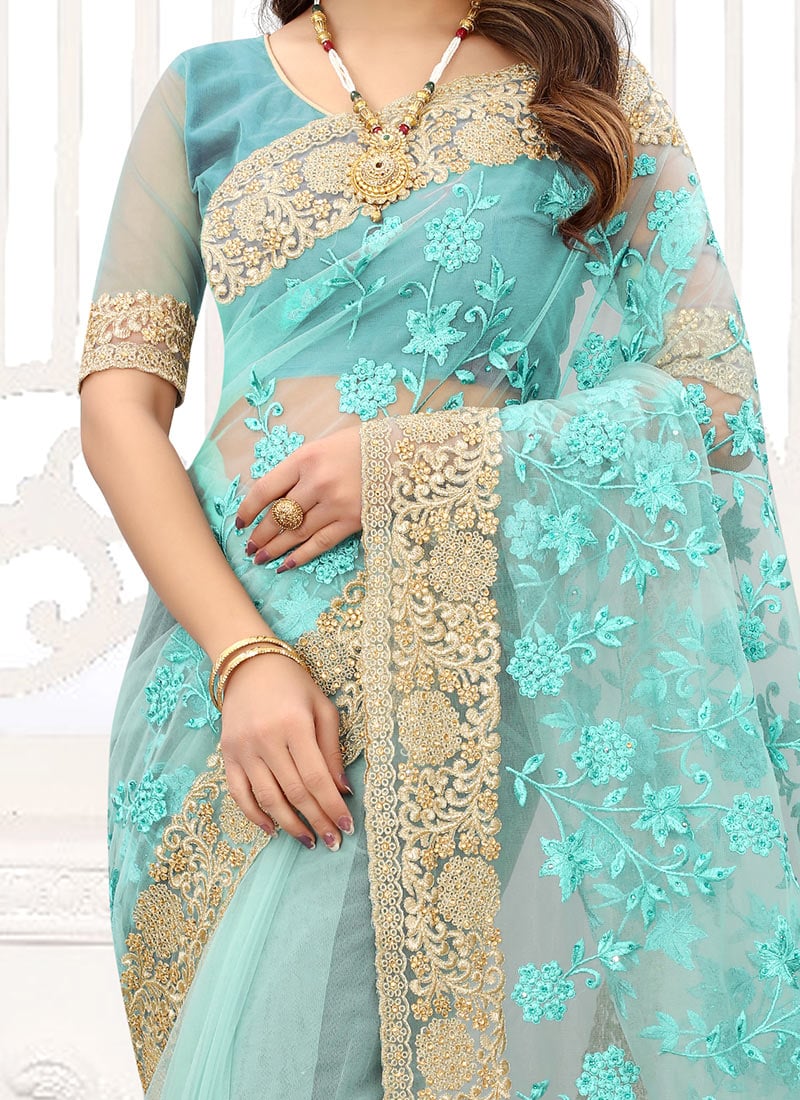 Buy Aqua Blue Net Embroidered and Stones Designer Saree Festive Wear ...