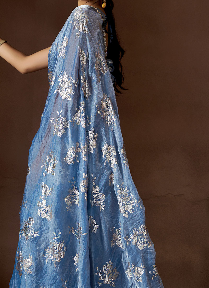 Buy Aqua Blue Satin Silk Foil Print Stone Work Saree Festive Wear ...