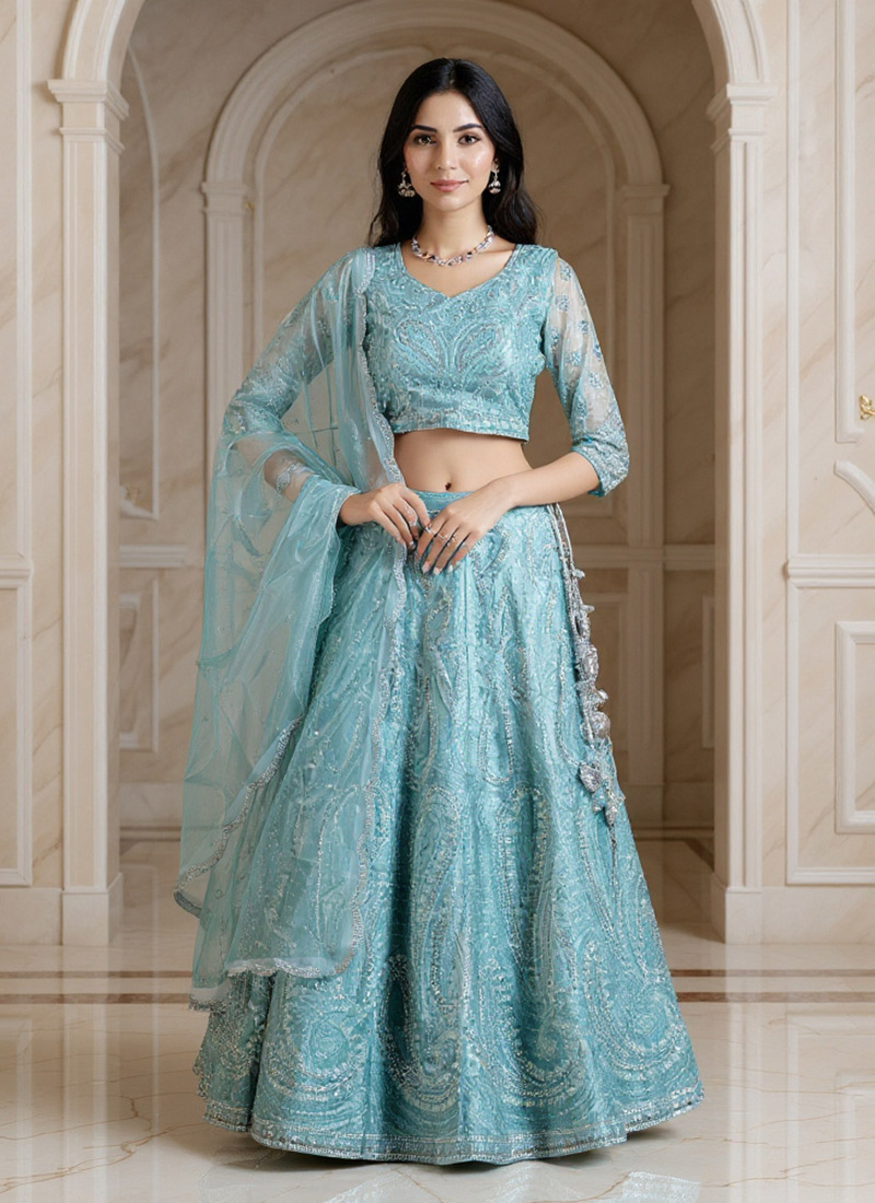 Shop Aqua Blue Shimmer Net Zari Stone Lehenga Wedding Wear Online at Best Price | Cbazaar