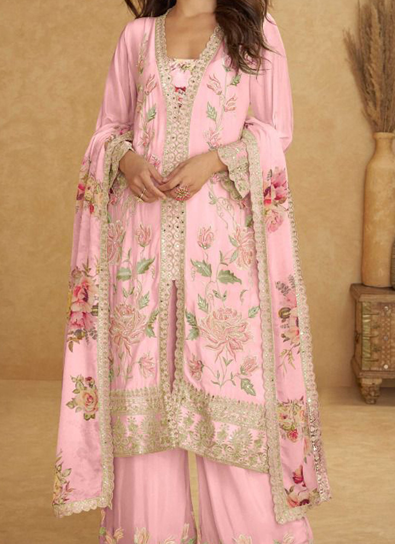 Shop Baby Pink Digital Print Embroidered Sequins With Stone Work ...