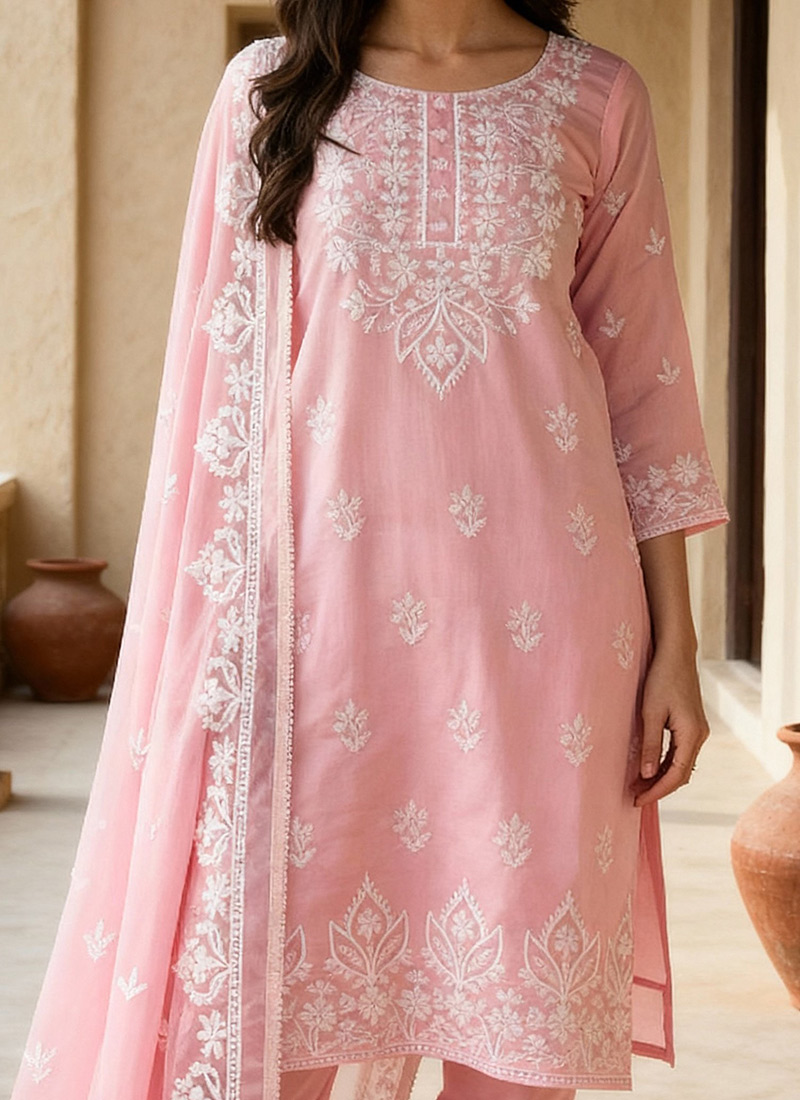 Buy Baby Pink Roman Silk Embroidered Straight Pnt Suit After Six Wear ...