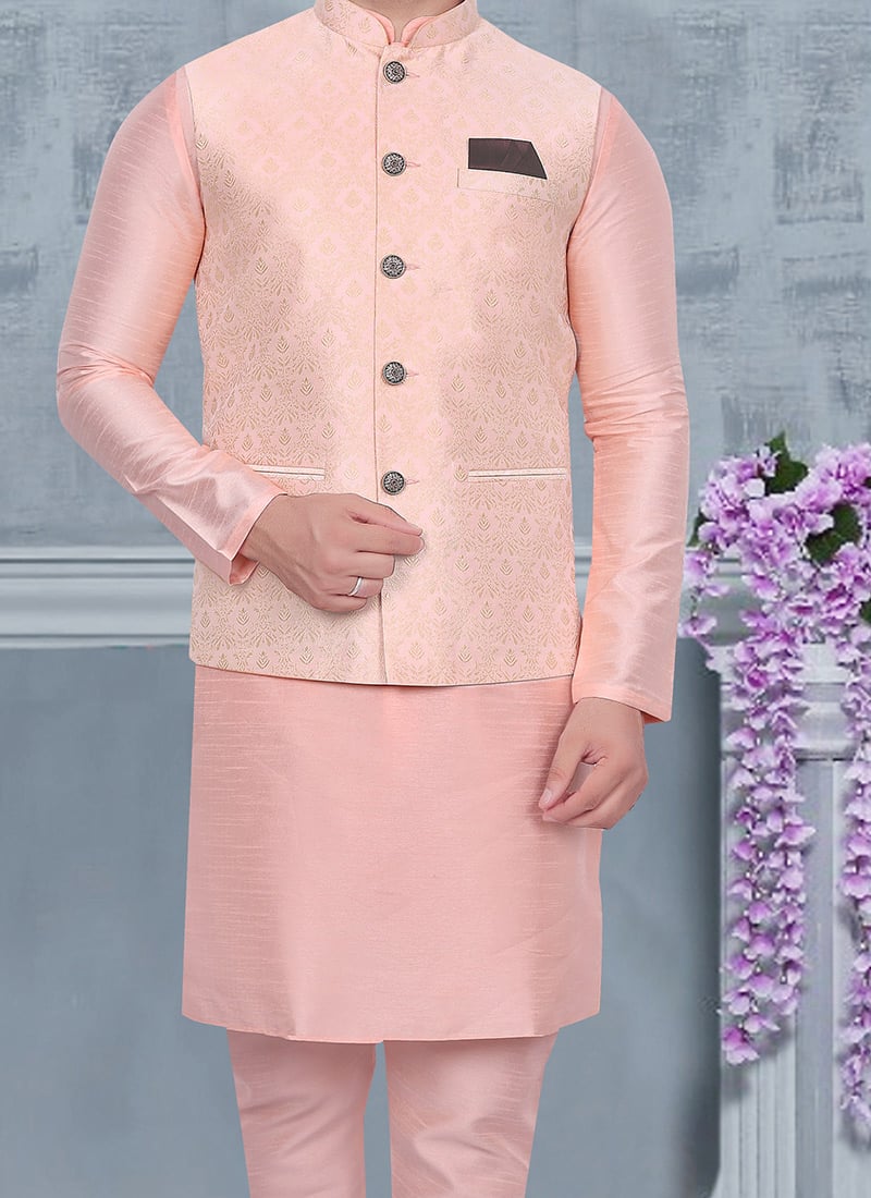 Shop Baby Pink Silk Brocade Bandhgala Jacket Online at Best Price | Cbazaar