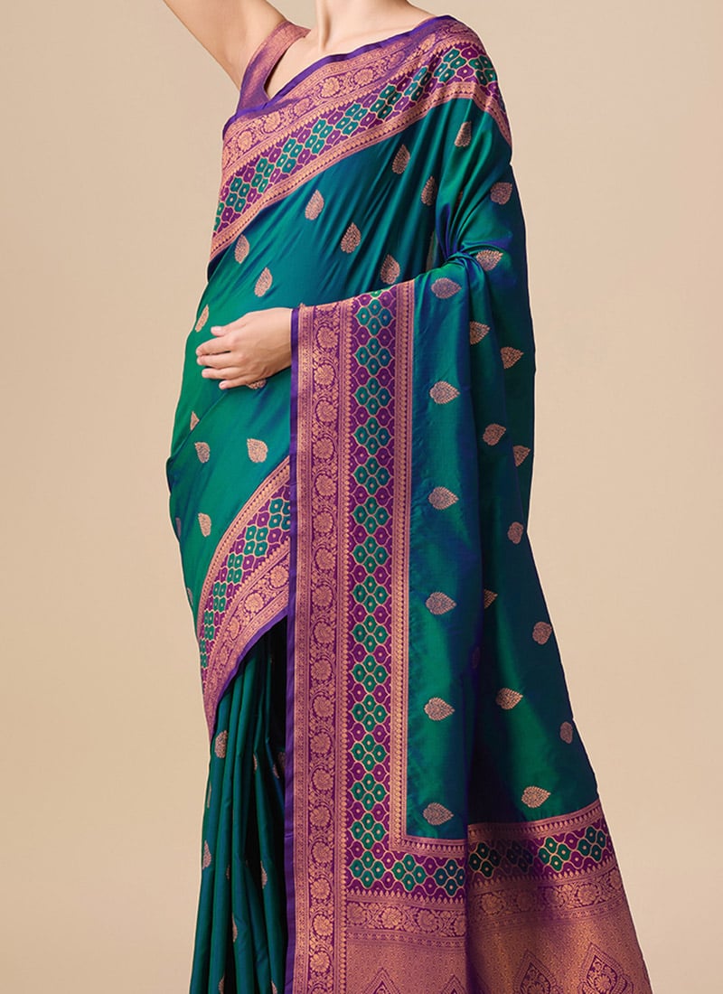 Buy Banarasi Silk Teal Zari Woven Border Saree With Blouse For Indian Women Festive Wear Online ...