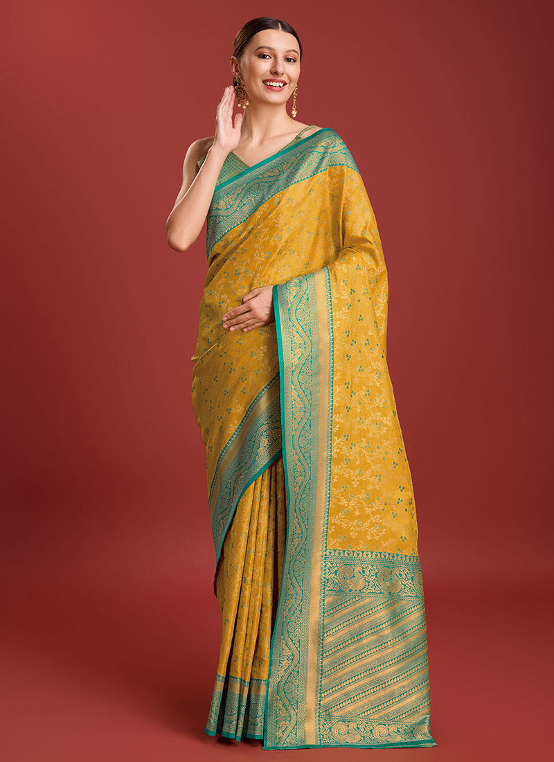 Shop Banarasi Silk Zari Woven Border Mustard Saree For Traditional Wear ...