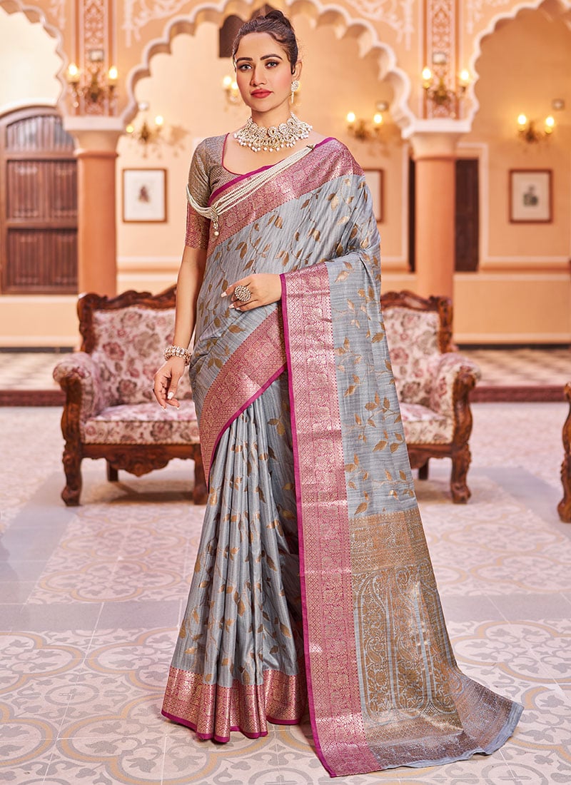 Shop Banarasi Silk Zari Woven Grey Saree Festive Wear Online at Best ...
