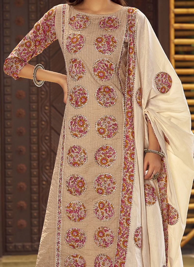 Buy Beige Cotton Kalamkari Print Patch Work Straight Pant Suit Festive ...