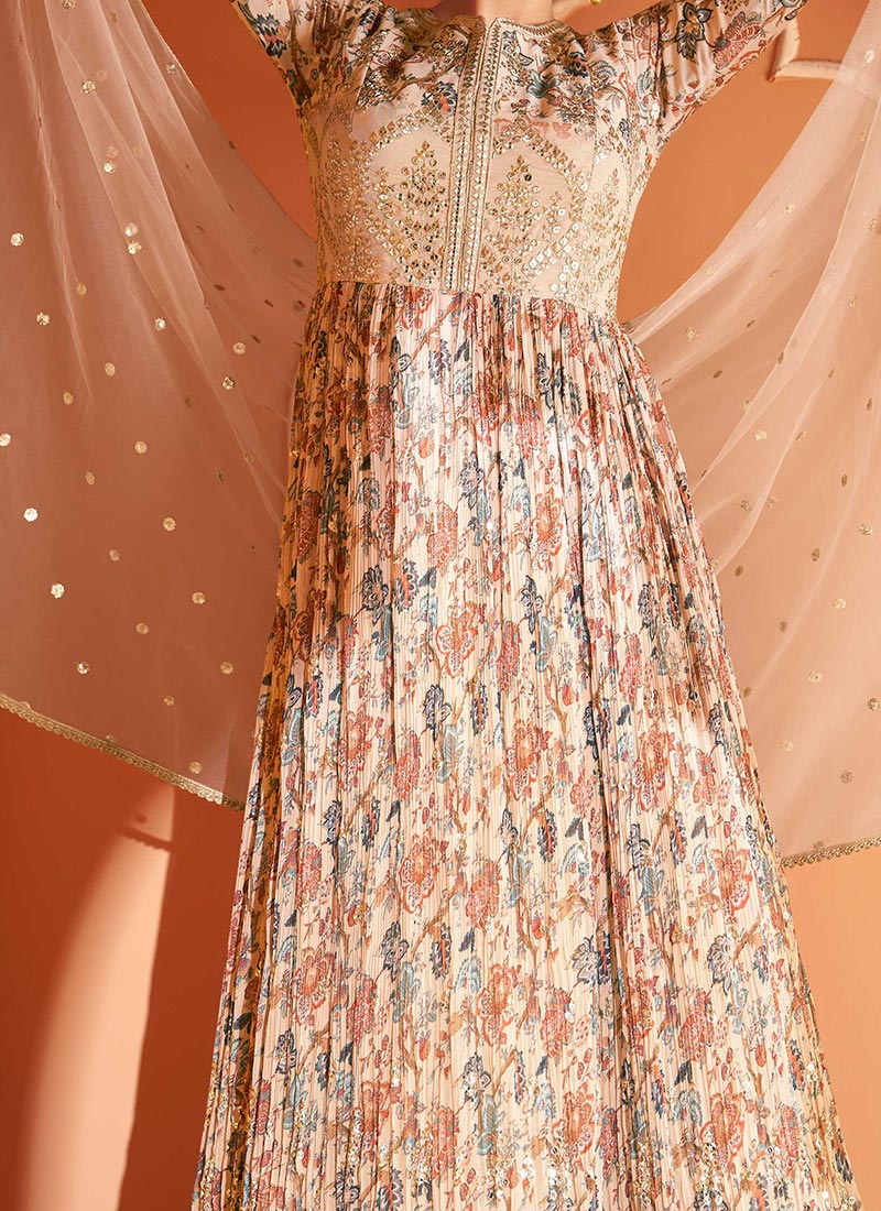 Shop Beige Embroidery Sequins Georgette Anarkali Suit Party Wear in CA ...