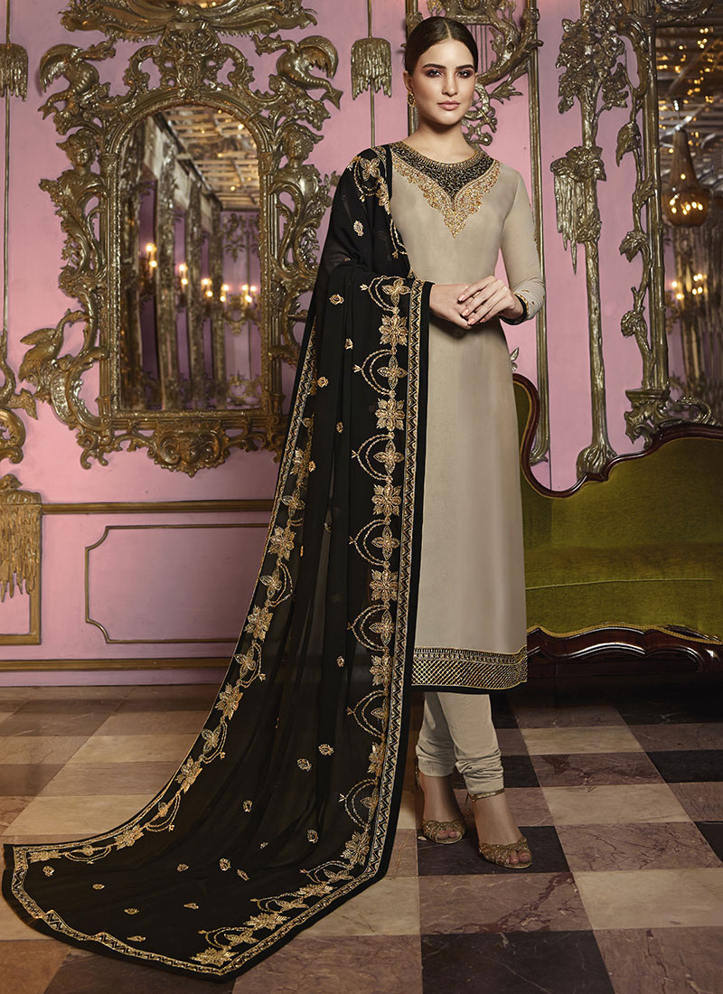 Shop Beige Georgette Churidar Suit Party Wear in UK - Cbazaar