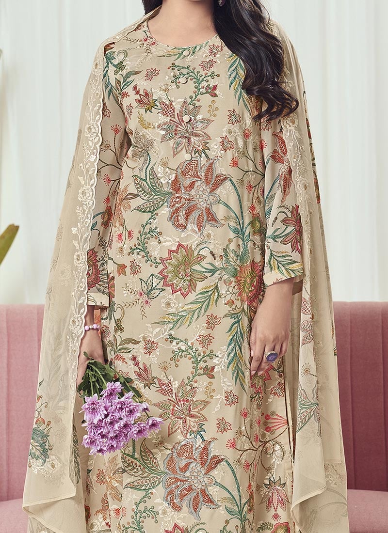 Buy Beige Georgette Digital Print Embroidered Sequins Straight Pant ...