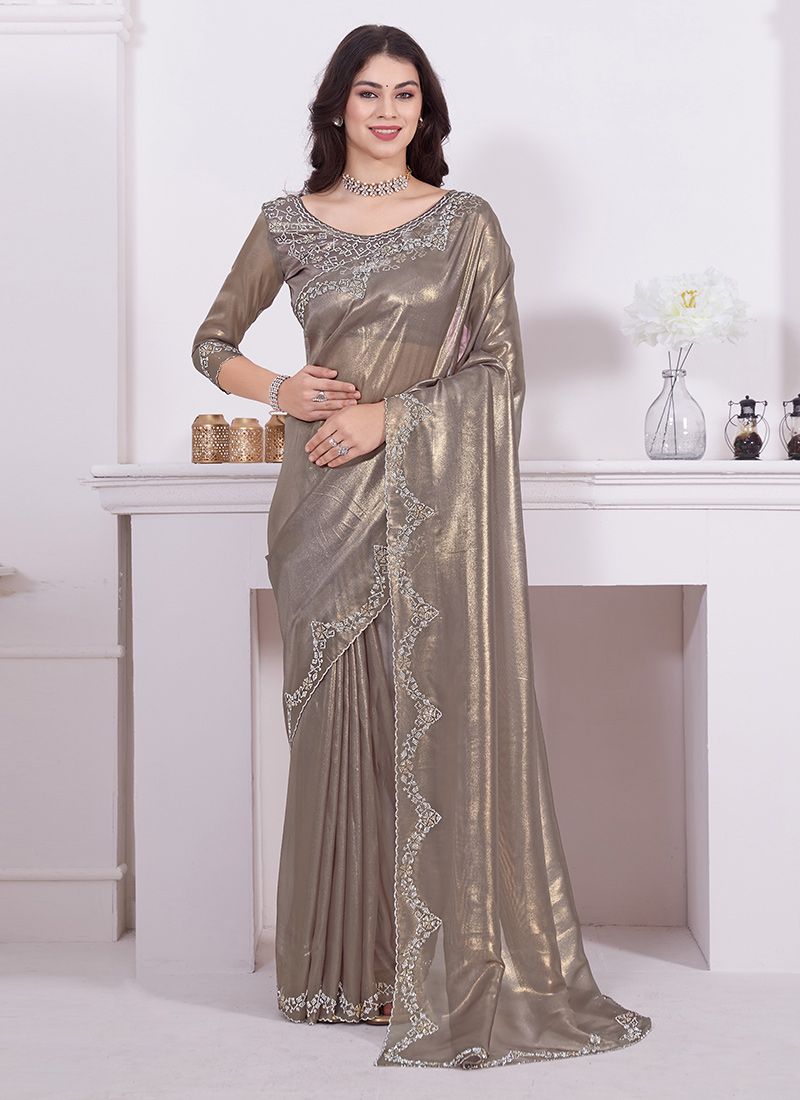 Shop Beige Net Stone Embossed Saree Party Wear Online at Best Price ...