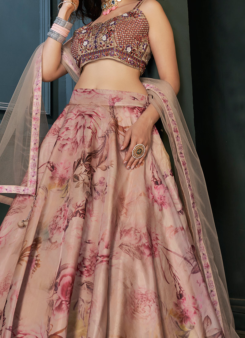 Shop Beige Organza Digital Print Hand Embroidered Mirror Work Lehenga ...