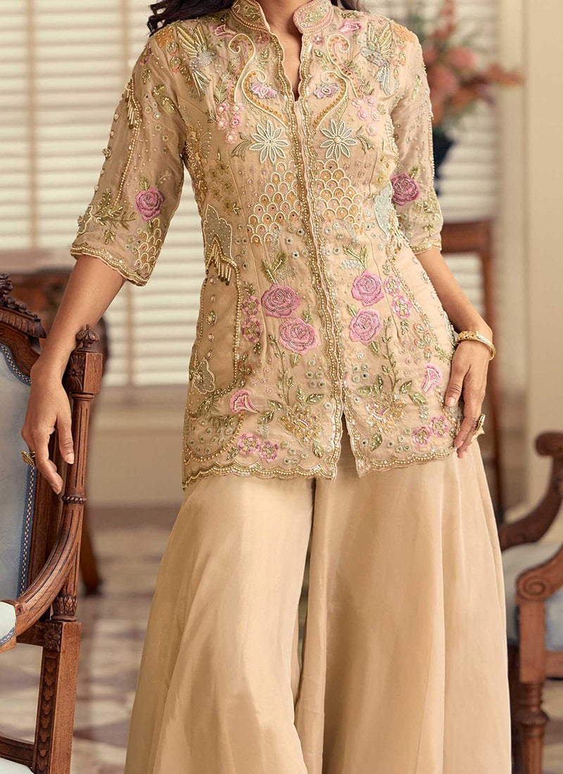 Buy Beige Shimmer Silk Hand Embroidered Sequins Stone Work Palazzo Suit ...