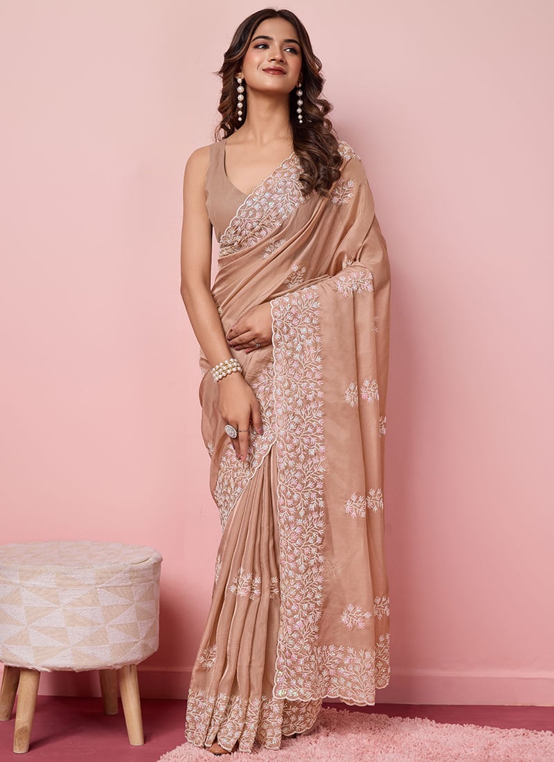 Shop Beige Silk Embroidered Sequins Classy Saree With Blouse For Women ...