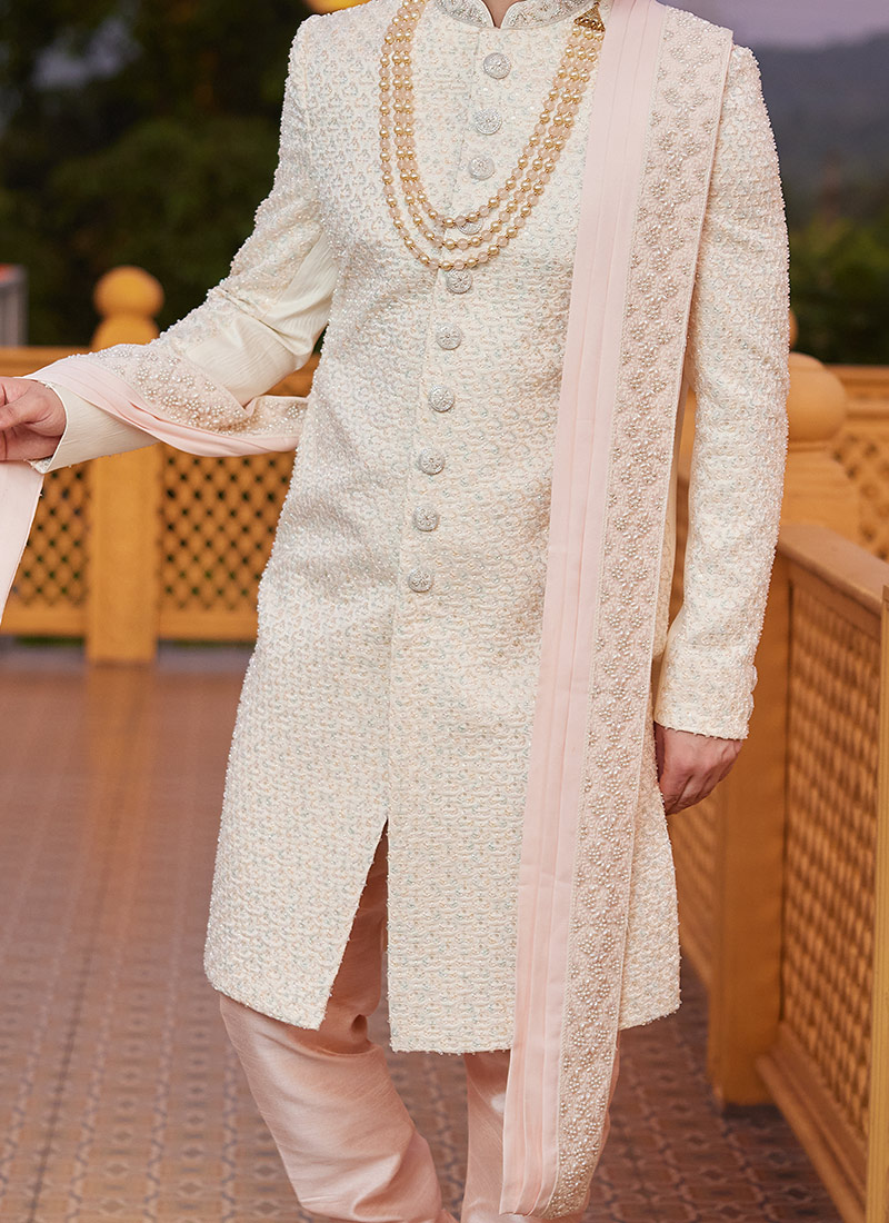 Shop Beige Silk Thread Hand Embroidered Classic Sherwani Wedding Wear ...
