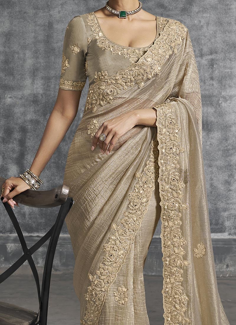 Shop Beige Tissue Silk Resham Sequins Embroidered Stones Beads Zari ...