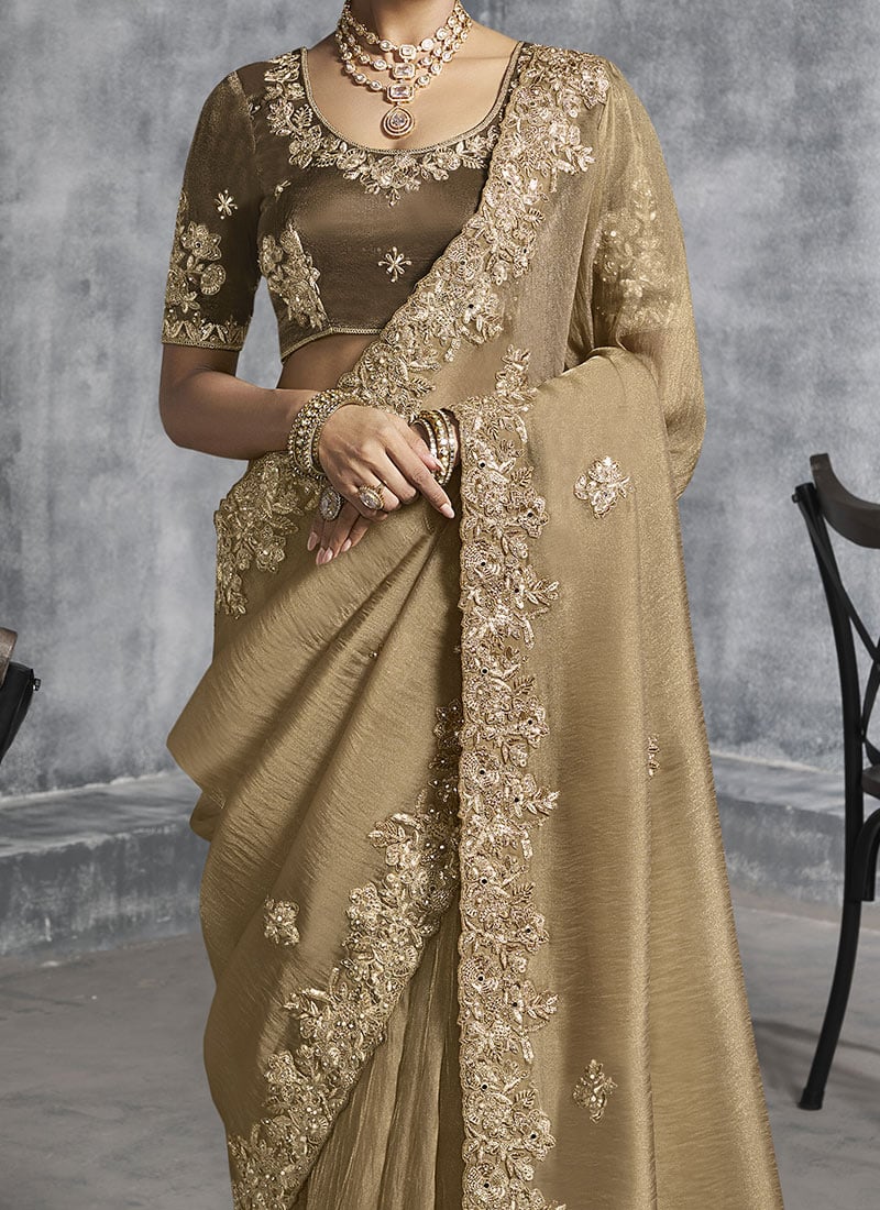 Shop Beige Tissue Silk Resham Sequins Embroidered Stones Beads Zari ...