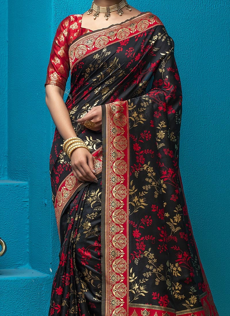 Shop Black Banarasi Silk Jacquard Woven Traditional Saree Festive Wear ...
