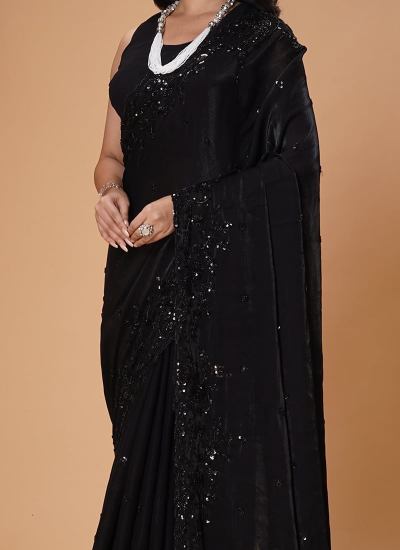 Shop Black Chiffon Pearl Work Saree Wedding Wear Online at Best Price ...