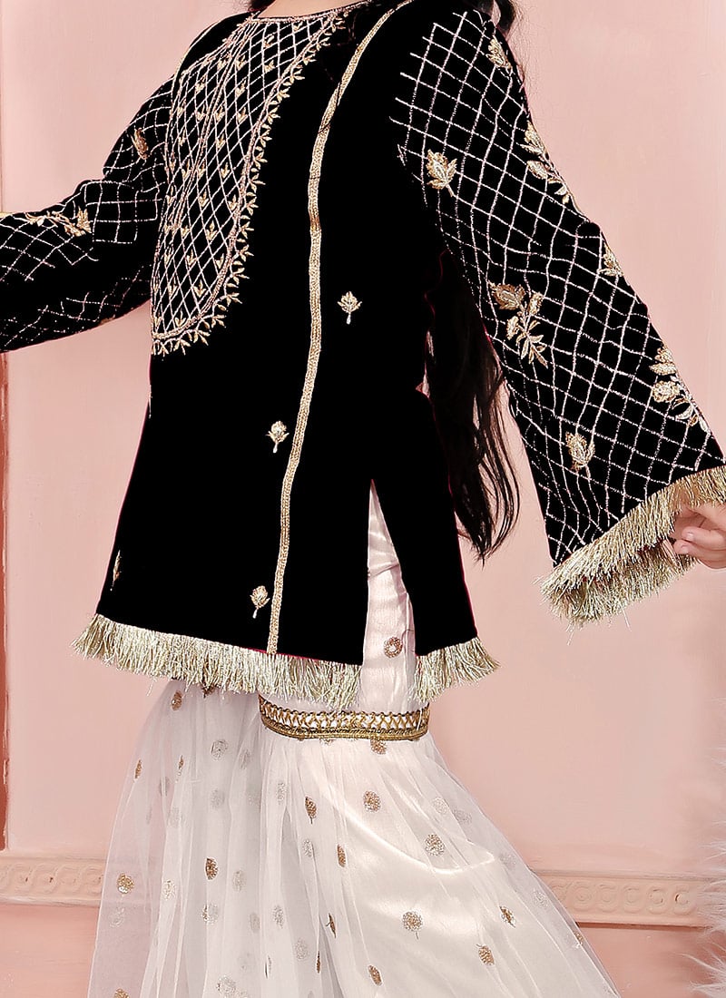 Shop Black Cotton Silk Zari Embroidered Kids Girls Sharara Suit Festive ...