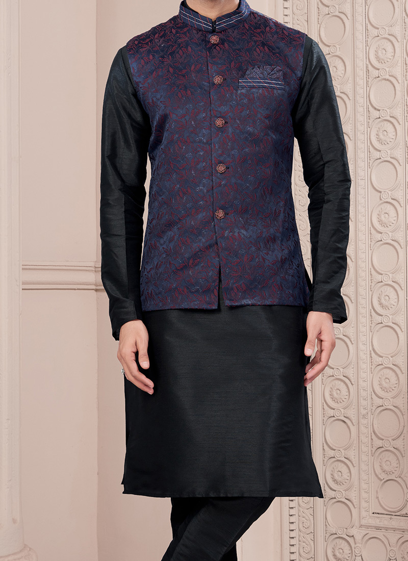 Buy Black Dupion Silk Zari Work Jacquard Bandi Set Festive Wear Online ...