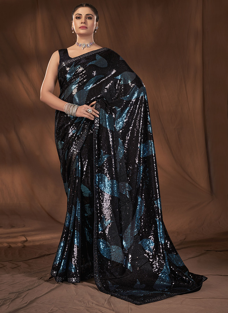 Buy Black Faux Georgette Party Wear Saree Embossed With Sequins Party Wear Online at Best Price ...