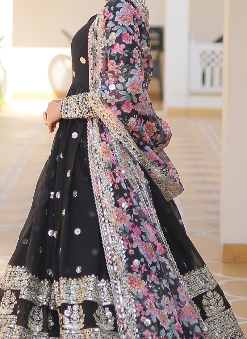 Buy Black Faux Georgette Sequence And Embroidered Anarkali Suit After ...