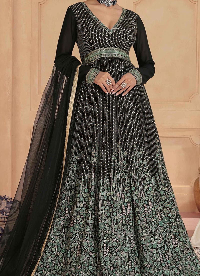 Shop Black Faux Georgette Sequins Anarkali Gown Party Wear Online at ...