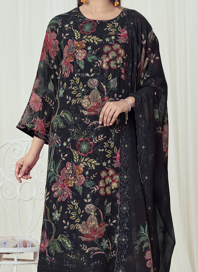 Shop Black Georgette Digital Print Embroidered Sequins Straight Pant ...