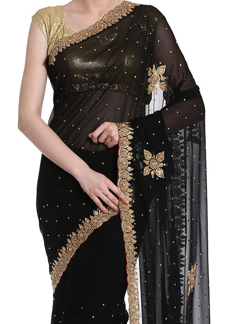 Buy Black Georgette Hand Work Saree Party Wear Online at Best Price | Cbazaar