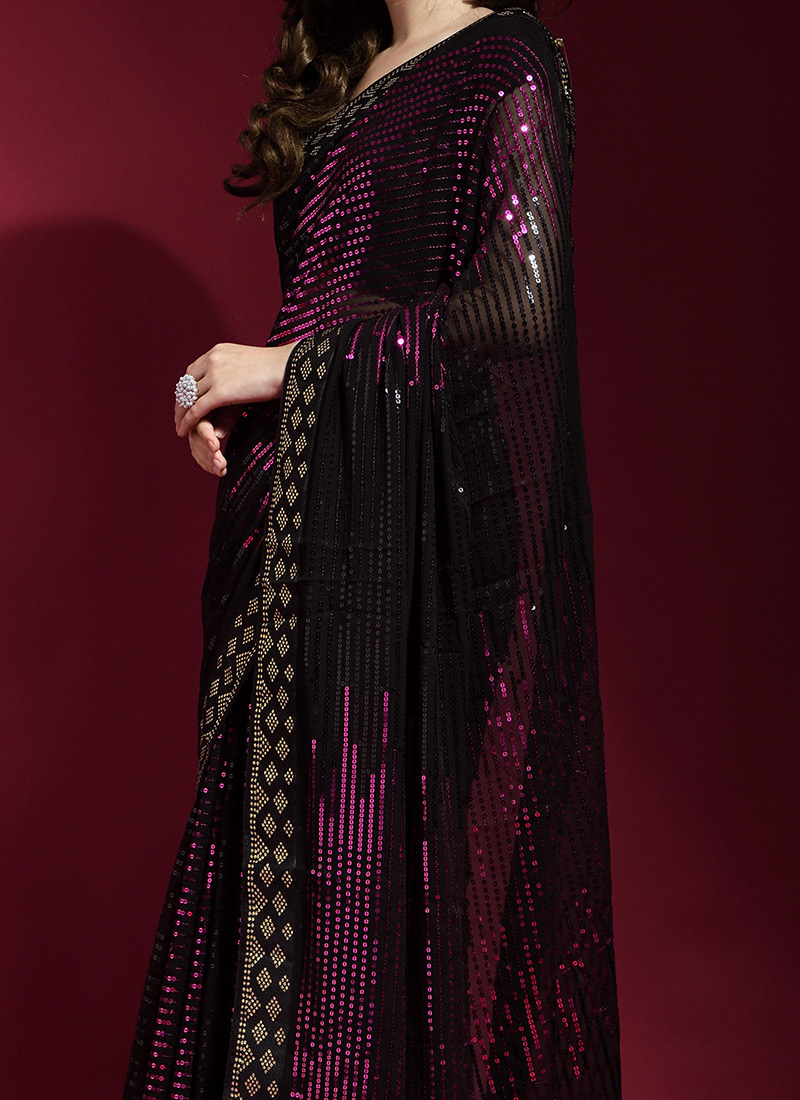 Buy Black Georgette Sequins Embroidery Work Saree Party Wear Online at Best Price | Cbazaar