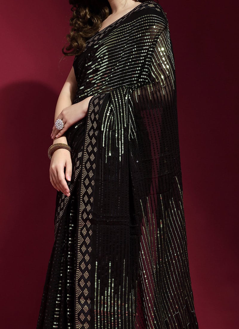 Shop Black Georgette Sequins Embroidery Work Saree Party Wear Online at Best Price | Cbazaar