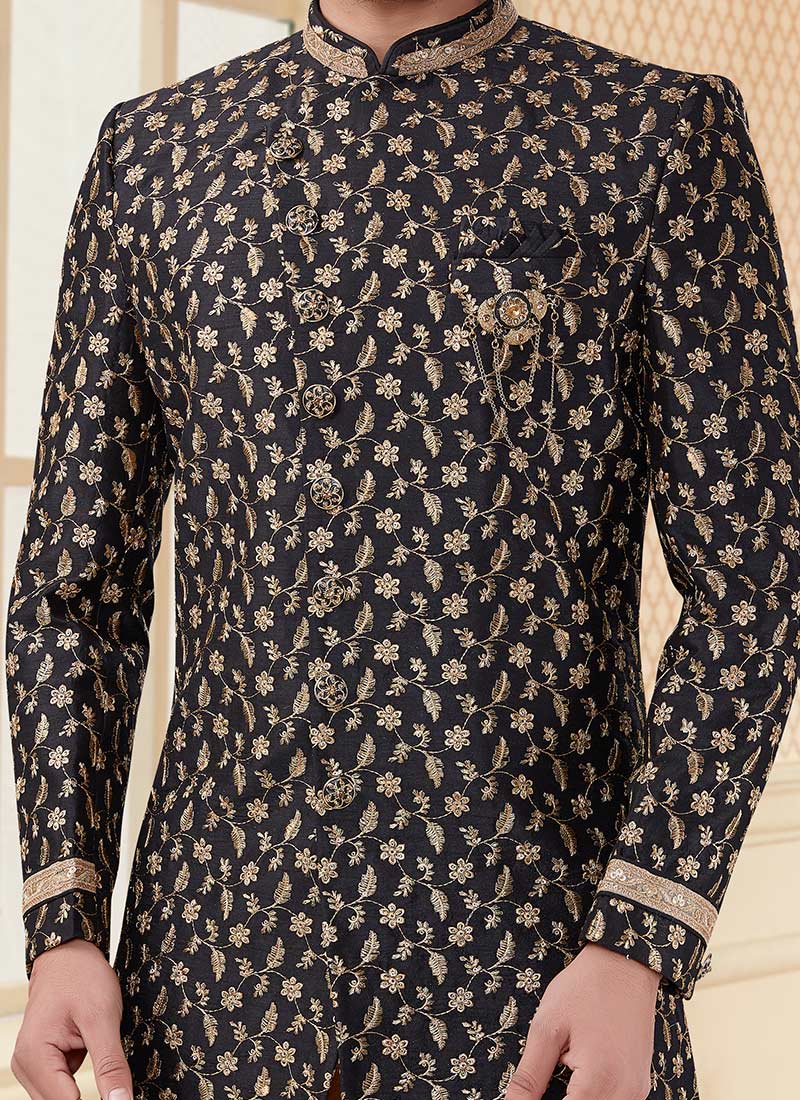 Shop Black Heavy Jacquard Embroidery Classic Sherwani Wedding Wear ...