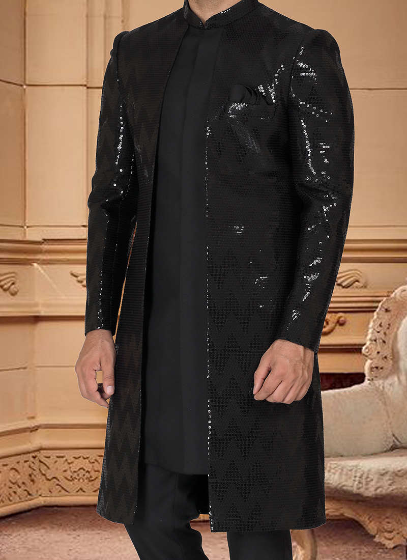 Buy Black Mens Rayon Sequins Indowestern Sherwani With Kurta And ...