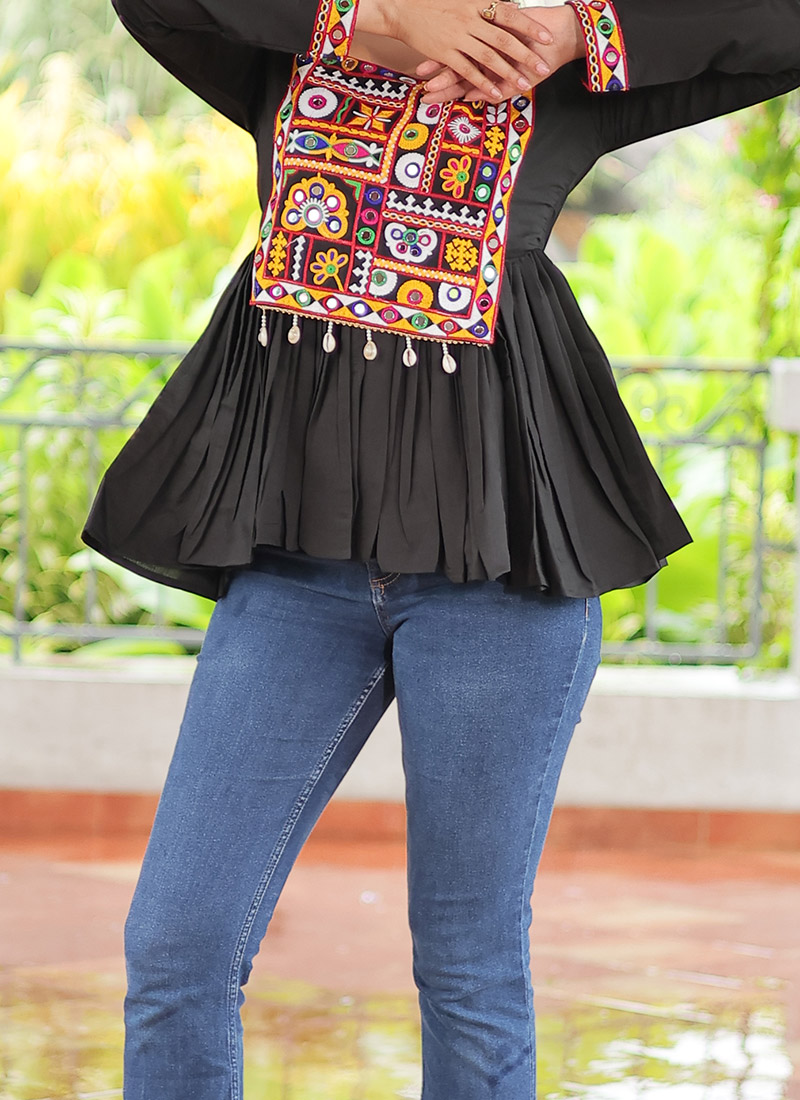 Shop Black Roman Silk Kutch Gamthi Work Tunics Festive Wear in UK - Cbazaar