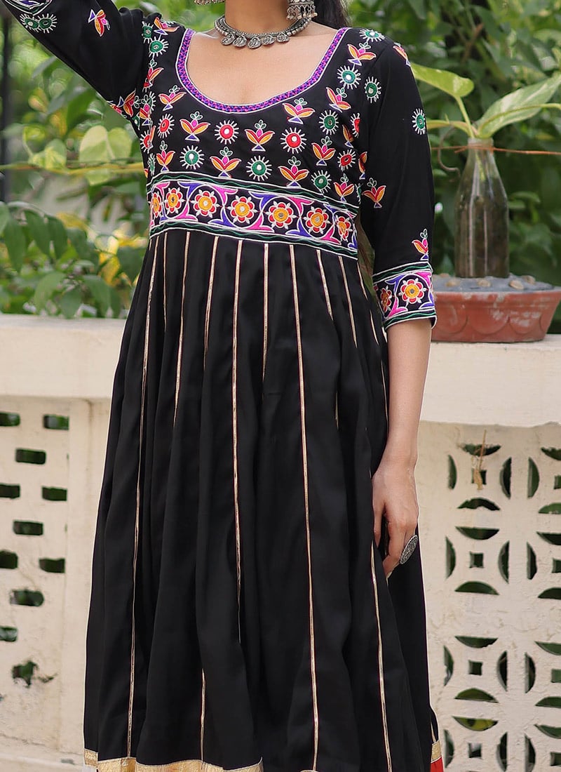 Shop Black Roman Silk Mirror Work Gota Lace Kutch Work Anarkali Gown Festive Wear Online at Best ...