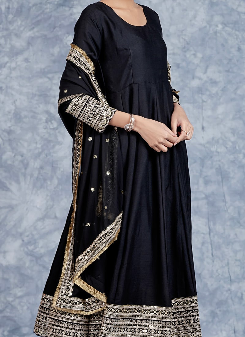 Shop Black Ryon Cotton Zari Embroidered Sequins Anarkali Suit Festive ...