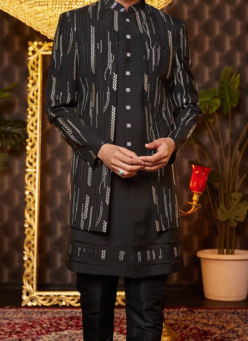 Buy Black Silk Embroidered And Sequins Thread Indowestern Sherwani ...