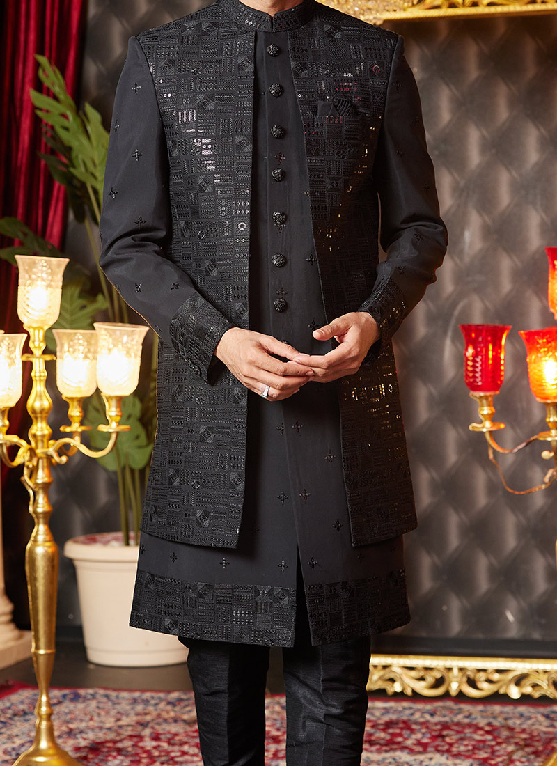 Shop Black Silk Embroidered And Sequins Thread Indowestern Sherwani Wedding Wear Online at Best ...
