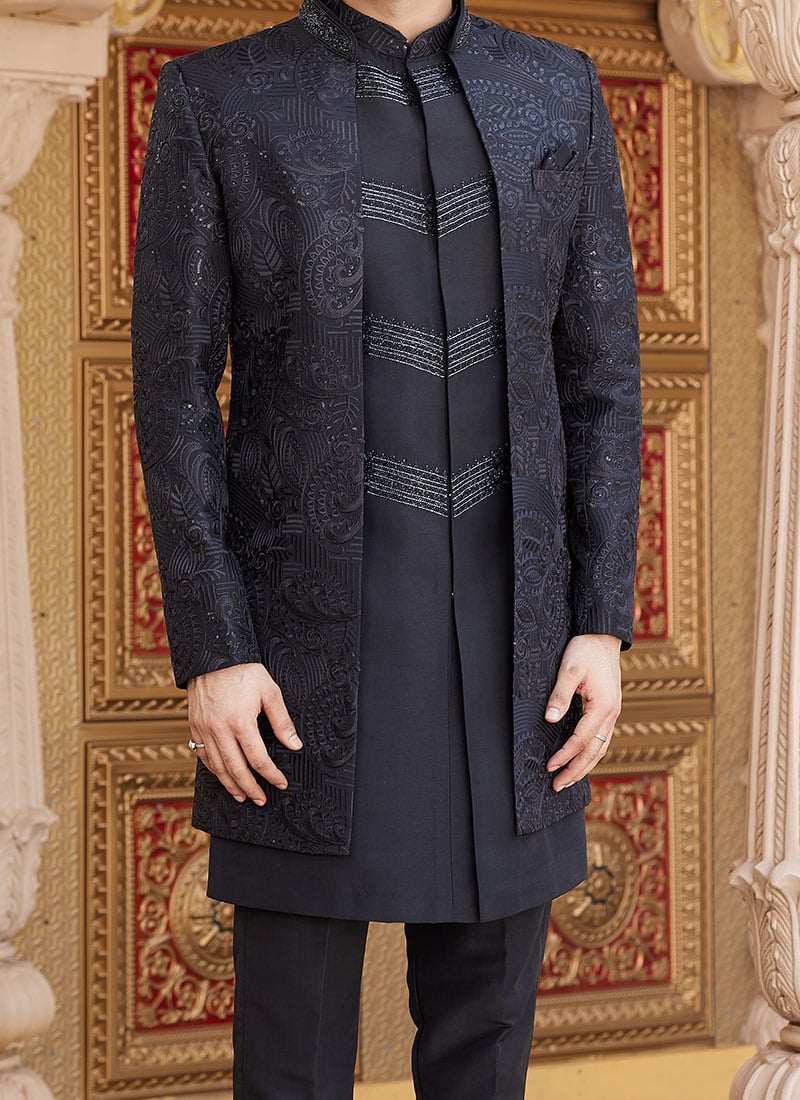 Shop Black Silk Embroidered Sequins Indowestern Sherwani Wedding Wear in India - Cbazaar