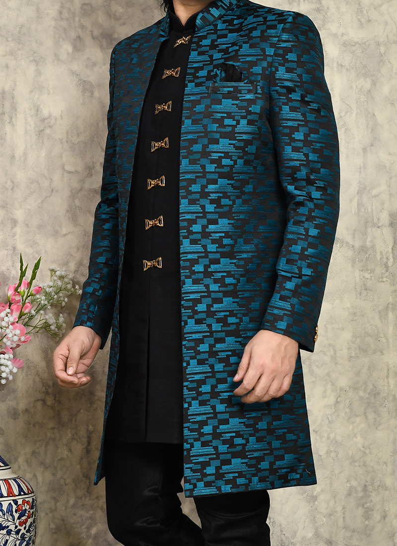 Buy Black Silk Indowestern Sherwani With Embossed Jacket Wedding Wear ...