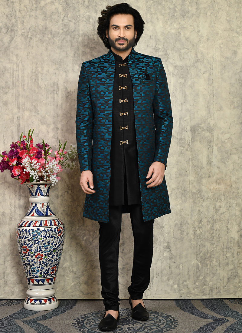Buy Black Silk Indowestern Sherwani With Embossed Jacket Wedding Wear ...