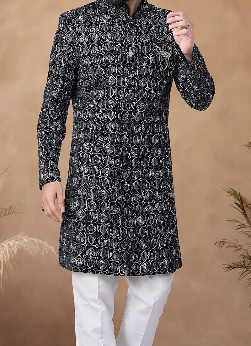 Shop Black Velvet Embroidered Thread Classic Sherwani Wedding Wear in ...