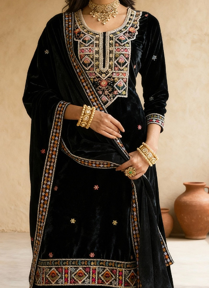 Shop Black Velvet Palazzo Suit With Sequins Embroidery And Beads Work Festive Wear in UK - Cbazaar