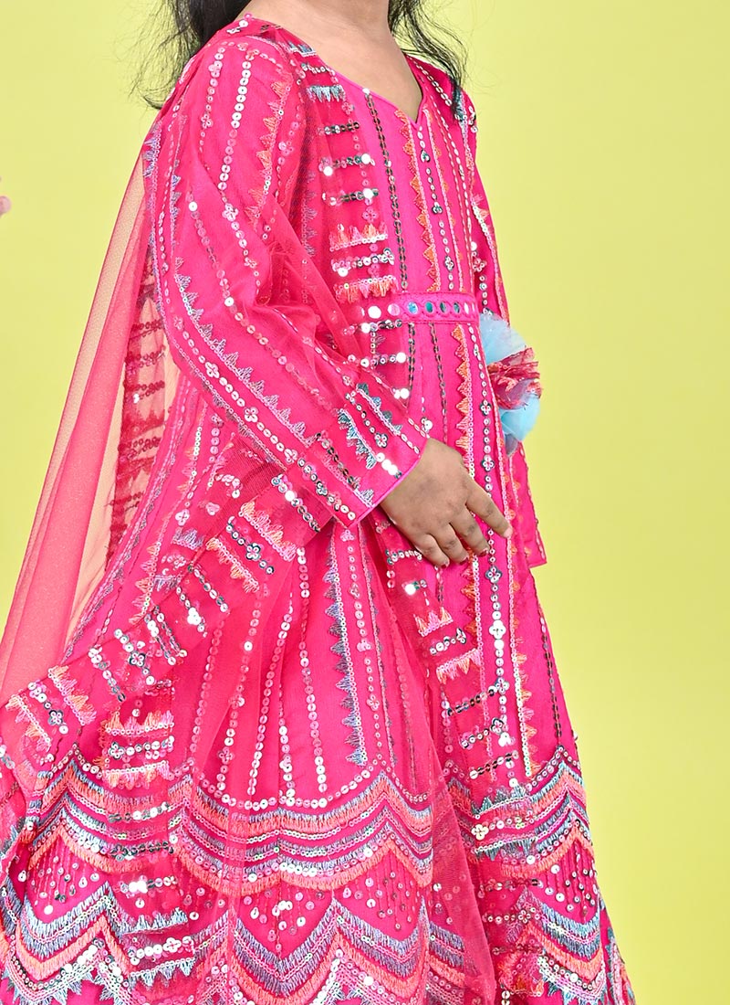 Buy Blended Cotton Embroidered Kids Girls Anarkali Suit Party Wear ...