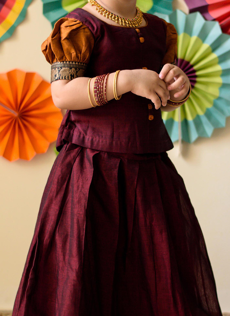 Buy Blended Cotton Handloom Kids Girls A Line Lehenga With Round Neck ...