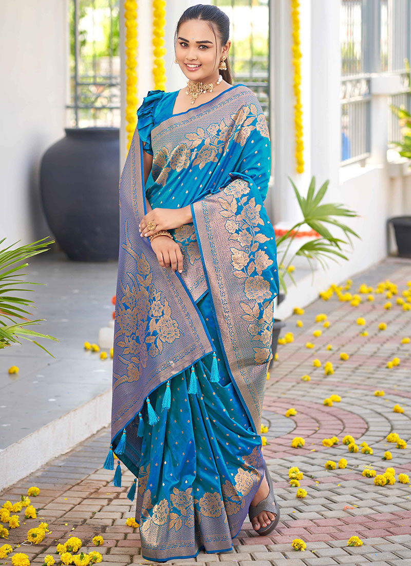 Shop Blue Banarasi Silk Zari Saree Festive Wear in UK - Cbazaar
