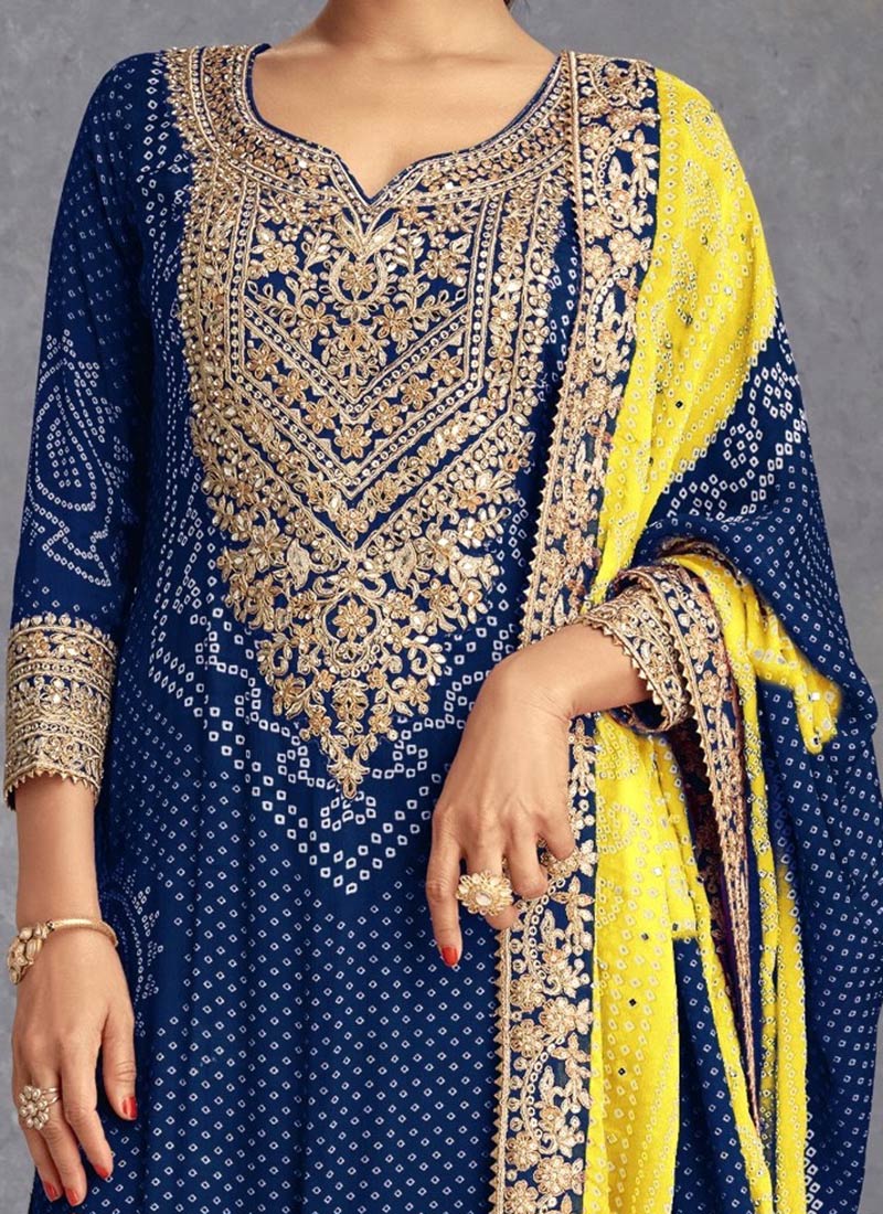 Shop Blue Chinon Silk Bandhini Print Embroidered Sequins Palazzo Suit ...